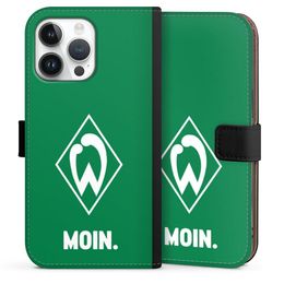 DeinDesign iPhone 14 Pro Max Handy Klapph&uuml;lle Handyh&uuml;lle aus Kunst Leder schwarz Flip Case Moin Official Licensed Product Sv Werder Bremen Sideflip mit Lasche