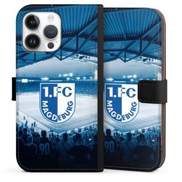 DeinDesign iPhone 14 Pro Max Handy Klapph&uuml;lle Handyh&uuml;lle aus Kunst Leder schwarz Flip Case Stadium 1. Fcm 1. Fc Magdeburg Sideflip mit Lasche