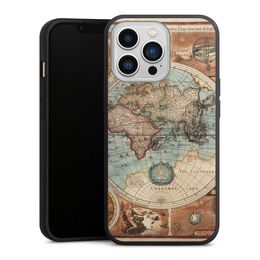 DeinDesign iPhone 13 Pro Handy Premium Silikon H&uuml;lle Handyh&uuml;lle schwarz Case Vintage Map World Map Silikon Premium Case