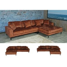 Ecksofa MCW-J54, Couch Sofa 3-Sitzer L-Form Liegefläche links/rechts 295cm ~ Samt rost-rot