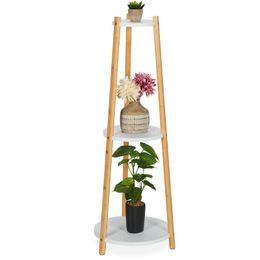 Pflanzenständer, 3 Ablagen, rund, Blumenständer für innen, Bambus, mdf, HxD: 98x35 cm, Blumenregal, weiß/natur - Relaxdays