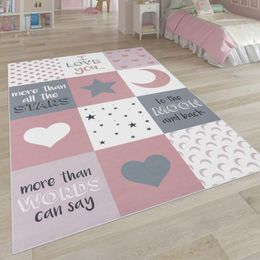Kinderteppich, Kinderzimmer Teppich m. Stern, Mond u. Karo Motiven Pink, 180x280 cm - Paco Home
