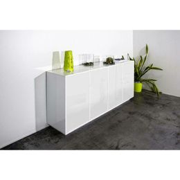 Kommode Dnánde, Küchen-Sideboard mit 4 Türen, Wohnzimmer-Buffet, 100 % Made in Italy, cm 180x41h86, glänzend weiß - Dmora
