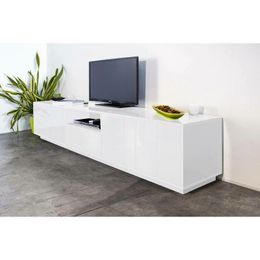 Fernsehschrank Dlepor, Niedriges Sideboard für Wohnzimmer, Sockel für TV-Möbel, 100 % Made in Italy, cm 220x41h46, weiß glänzend - Dmora