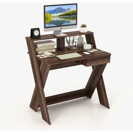 Costway - Computertisch mit Schublade, Schreibtisch mit Monitorerhöhung, Arbeitstisch X-förmig, aus Holz, für kleine Räume Zuhause und im Büro, 90 x