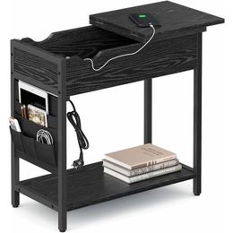 Songmics Vasagle Beistelltisch, Nachttisch mit Steckdose, schmal, mit USB-Anschlüssen, Tasche, für Wohnzimmer, Schlafzimmer, schwarz mit Holzmaserung von