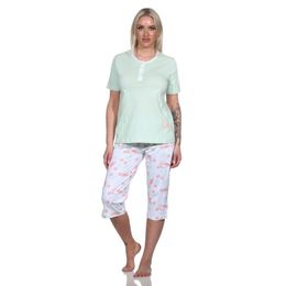 Normann Pyjama Damen Capri Schlafanzug kurzarm Pyjama mit Flamingo Motiv