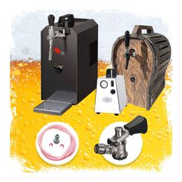 ich-zapfe Komplett Set - Zapfanlage JET 30 Bierkoffer, Bierzapfanlage, Durchlaufkühler 1-leitig Trockenkühler, bis zu 35 Liter/h mit Holzfass, Zapfkopf:KeyKeg