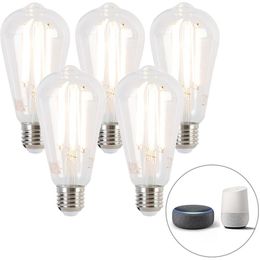 calex Set mit 5 intelligenten E27-LED-Lampen, dimmbar bis warm, ST64, 7 W, 806 lm, 1800–3000 K - Transparent