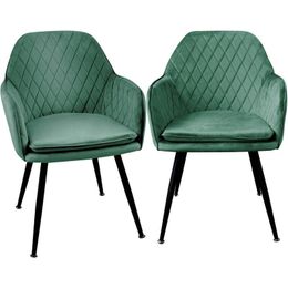 Esszimmerstühle in Steppoptik - gepolsterte Loungesessel mit abgestepptem Samtbezug und Armlehnen - stabile Stühle Esszimmer mit Metallgestell, Grün,