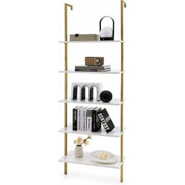 5 Ebenen Leiterregal Wandmotage, 180cm Bücherregal mit goldenem Metallrahmen, Wandregal modern, ideal für Wohnzimmer und Schlafzimmer - Costway