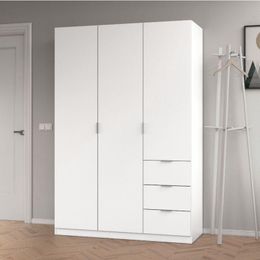 CAESAROO Kleiderschrank 135x200H cm Mattweiß mit drei Türen und drei Schubladen | weiß
