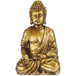 Buddha Figur Garten, wetterfest & frostsicher, Gartenbuddha sitzend, Gartenfigur hbt 30 x 18,5 x 12,5 cm, gold - Relaxdays