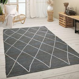 Paco Home - Teppich Wohnzimmer Jute Naturfaser Handgearbeitet Modernes Skandi 3D Muster 60x100 cm, Anthrazit