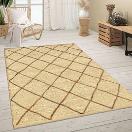 Teppich Wohnzimmer Jute Naturfaser Handgearbeitet Modernes Skandi 3D Muster 60x100 cm, Creme - Paco Home