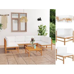 vidaXL Garten-Essgruppe 7-tlg Garten Lounge Set mit Creme Kissen Massivholz Teak Holz Sitzgrup