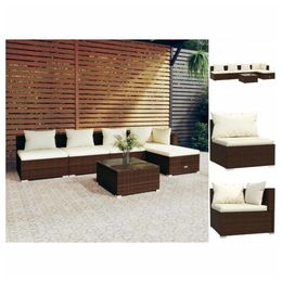 vidaXL Garten-Essgruppe 6-tlg Garten Lounge Set mit Kissen Polyrattan Braun Loungemöbel