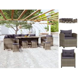 vidaXL Garten-Essgruppe 7-tlg Garten Lounge Set mit Auflagen Polyrattan Grau Sitzgruppe Set Lo