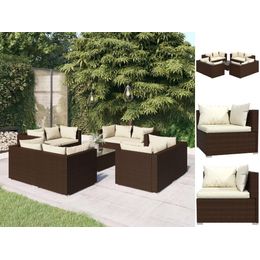 vidaXL Garten-Essgruppe 9-tlg Garten Lounge Set mit Kissen Polyrattan Braun Loungemöbel