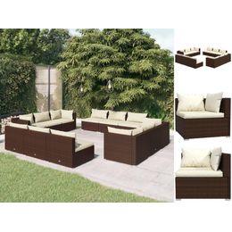 vidaXL Garten-Essgruppe 12-tlg Garten Lounge Set mit Kissen Polyrattan Braun Loungemöbel