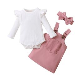 Lapastyle 2-in-1-Kleid 3-tlg Baby-Overall + Hosenträgerrock + Stirnband Elegantes süßes Baby-Set in kontrastfarben