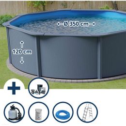 GRE Stahlwandpool Set (5-teilig) hoch rund Classic 360 x 120 cm, Stahl 0,45mm anthrazit Folie 0,3mm blau