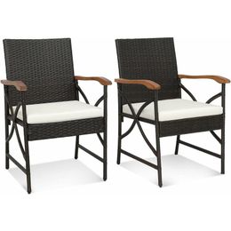 Costway - 2er Rattan Stühle Set, Polyrattan Gartenstuhl Holz, Gartensessehl mit Sitzkissen, Rattansessel Gartenstühle für Outdoor Terrasen Balkon