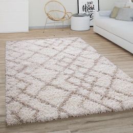 Hochflor Teppich Wohnzimmer Shaggy Langflor Modernes Boho Skandi Rauten Muster 80 cm Rund, Creme Beige 2 - Paco Home