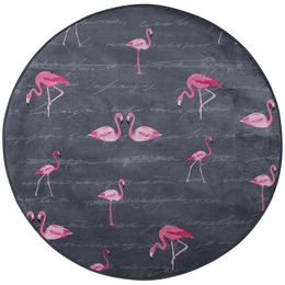 Beliani - Teppich Grau Rosa Polyester 120 x 120 cm Kurzflor Flamingos Bedruckt Rund - Rosa
