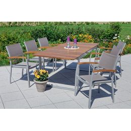 Merxx Garten-Essgruppe Naxos, (7-tlg., 6x Stapelsessel, 1x Ausziehtisch 150(200)x90 cm), Aluminium, Textilbespannung aus 100 % Polyester, Akazienholz, braun