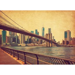 papermoon Fototapete "NEW YORK-RETRO BROOKLYN BRIDGE MANHATTAN SKYLINE STADT" Tapeten Gr. B/L: 4,50 m x 2,80 m, Bahnen: 9 St., bunt Fototapeten