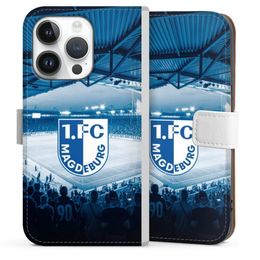 DeinDesign Handyhülle 1. FC Magdeburg Stadion 1. FCM 1.FCM Arena, Apple iPhone 14 Pro Hülle Handy Flip Case Wallet Cover, weiß