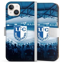 DeinDesign Handyhülle 1. FC Magdeburg Stadion 1. FCM 1.FCM Arena, Apple iPhone 14 Hülle Handy Flip Case Wallet Cover Handytasche Leder, weiß