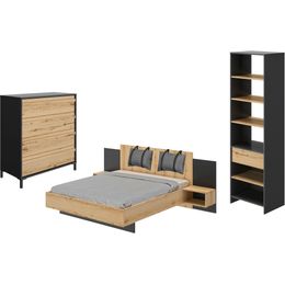 Schlafzimmer-Set GAMI "Mimizan" Schlafzimmermöbel-Sets Gr. B/H: 140 cm x 200 cm, braun (schwarz – eiche helvezia) Komplett Schlafzimmer