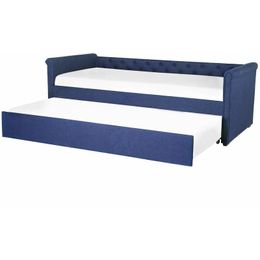 Beliani Tagesbett Ausziehbett Blau 90 x 200 cm Ausziehbar Polsterbezug Leinenoptik Mit Lattenrost Knopfverzierung Praktisch Modern - Blau