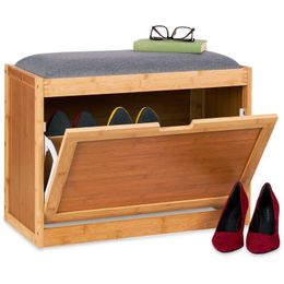 Schuhbank mit großer Sitzfläche, Schuhkipper für Diele u. Flur, 2 verstellbare Fächer, aus Bambus, natur/grau - Relaxdays
