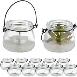 Windlicht, 12er Set, aus Glas, mit Henkel, innen & außen, Teelichthalter, HxD 6,5x7,5 cm, transparent/schwarz - Relaxdays