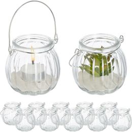 Windlicht Glas, 12er Set, Teelichthalter mit silbernem Henkel, HxD: 7,5 x 8 cm, Kerzenglas, rund, transparent - Relaxdays