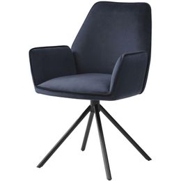 Esszimmerstuhl HHG 851, Küchenstuhl Stuhl mit Armlehne, drehbar Auto-Position, Samt anthrazit-blau, Beine schwarz - grey