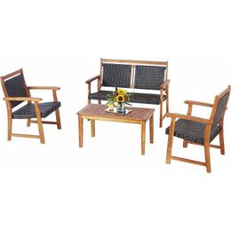 Costway 4-teiliges Gartenmöbel Set, Polyrattan Balkonset mit 2 Sessel & Bank & Tisch, Sitzgruppe aus Akazienholz, Rattan Gartenset Balkonmöbel, Rattanmöbel