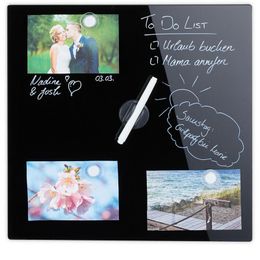 Magnettafel, beschreibbar, inkl. 3 Magnete & Stift, abwischbar, rahmenlos, Magnetboard Glas, 40x40 cm, schwarz - Relaxdays