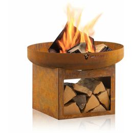 Feuerschale ø 60 cm, Rostoptik, Outdoor Feuerstelle mit Holzlagerfach - BBQ-Toro