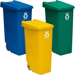 Wellhome - Recycling-Behälter, 110 Liter, geschlossen c/u: 330 Liter insgesamt, in 3 Behältern, in Blau/Grün/Gelb
