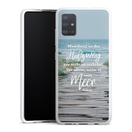 DeinDesign Galaxy A51 Handy Silikon H&uuml;lle Case wei&szlig; Handyh&uuml;lle Statement Beach Spruch Silikon Case