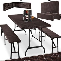 Kesser Bierzeltgarnitur - 3-teilig Set Tisch + 2 x Bank für drinnen - draußen klappbar Tragegriffe HxBxT: 73x180x75 cm Kunststoff Rattan-Look Braun - Braun