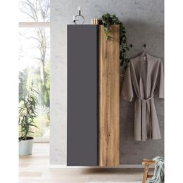 Lomadox Badezimmer Hochschrank 65cm VASTO-03-GREY in Wotan Eiche Nb. mit grau matt, b/h/t ca. 65/180/35 cm - grau