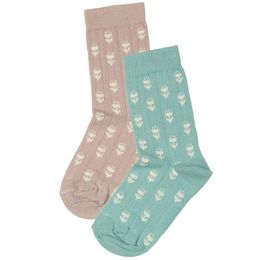 Ewers - Socken BLÜMCHEN & RIPPE 2er-Pack in grün/rosa, Gr.27-30