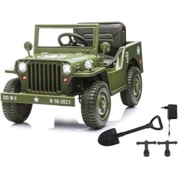 Jamara Elektro-Kinderauto Ride-on Jeep Willys MB Army grün, Belastbarkeit 25 kg, 12V/4,5Ah, Softanlauf, Bluetooth, USB-Anschluss, grün