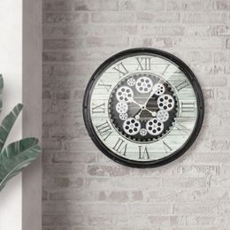 ECD Germany - Große Wanduhr mit Römische Ziffern, ø 48 cm, Schwarz, aus MDF-Holz mit Echtholzfonier, Design Uhr im Industriell-Stil, Leisem Uhrwerk,