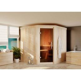 Karibu Sauna Jarin mit Eckeinstieg Innensauna 3 Sitzbänke aus Holz , Saunakabine mit 68 mm Wandstärke, Infrarotsauna mit Montagematerial - Naturbelassen